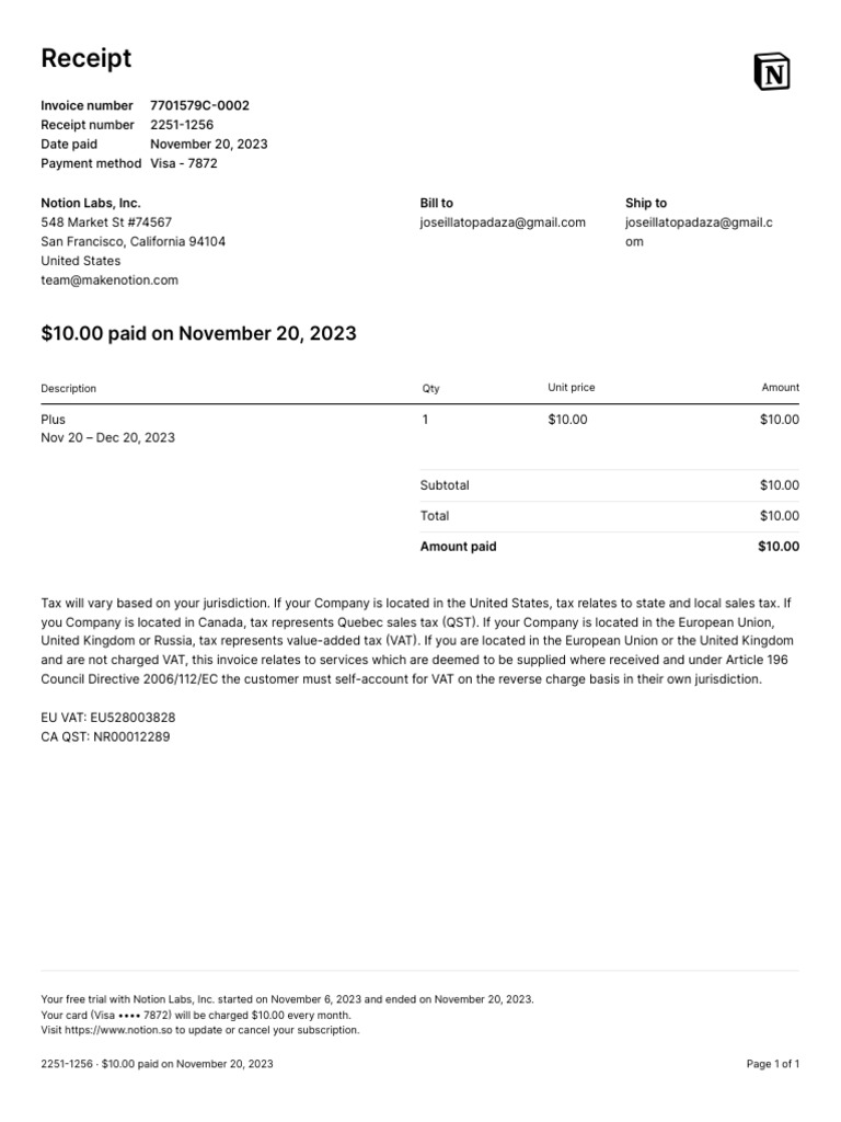 Notion Subscription Receipt - $10.00 | PDF | Finance & Money Management