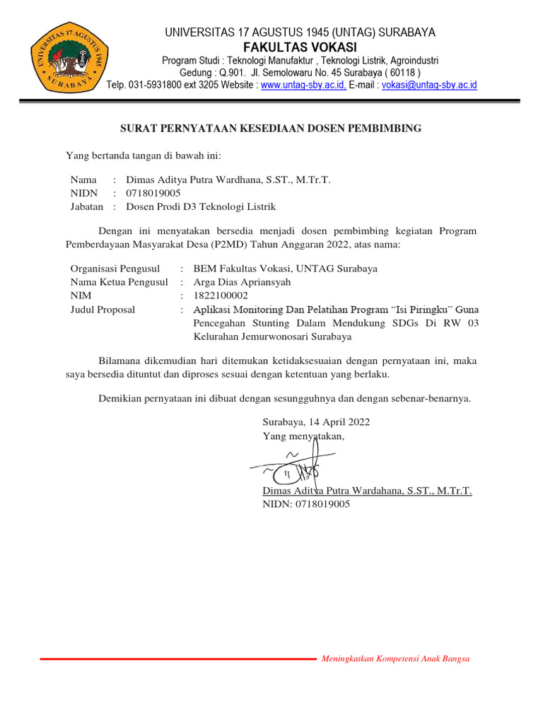 Surat Kesediaan Dosen Pendamping | PDF