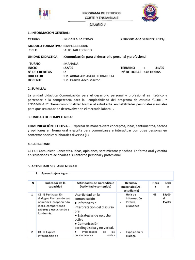 SILABO 1 Comunicación | PDF | Evaluación | Aprendizaje