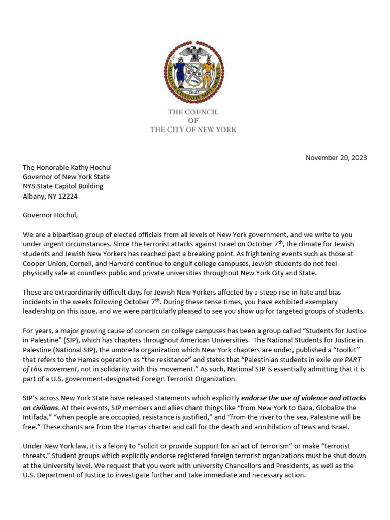 Letter To Gov Hochul Re SJP Chapters at NYS Universities | PDF | Hamas ...