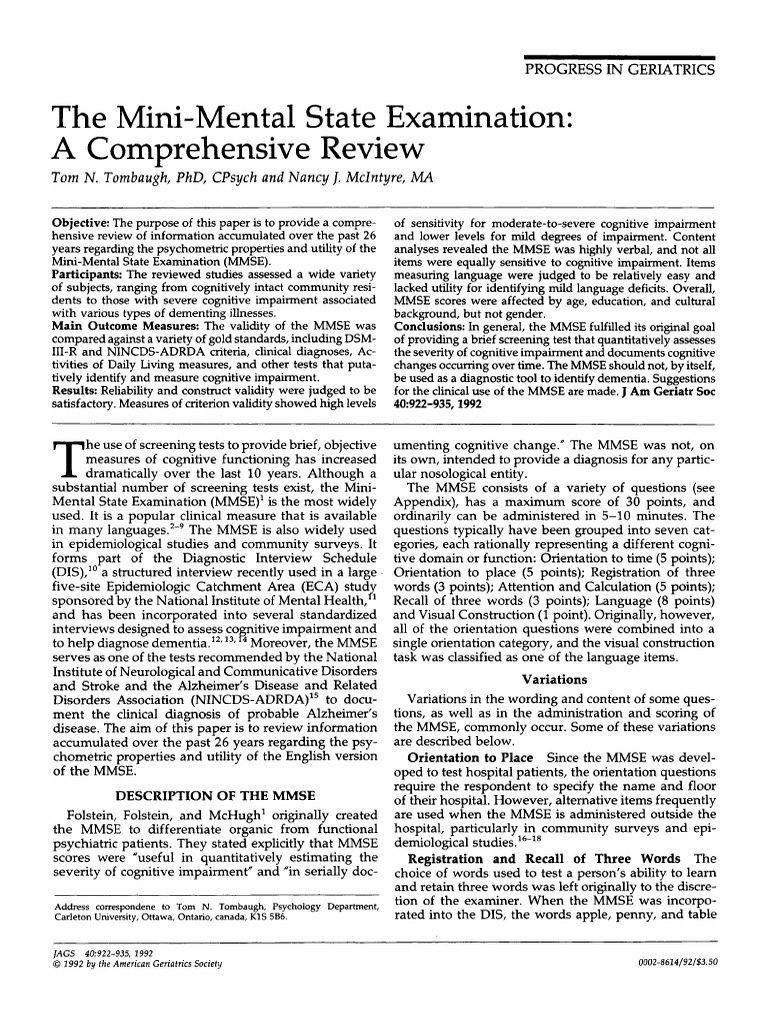 Tom N. Tombaugh Et Al (1992) The MiniMental State Examination - A ...