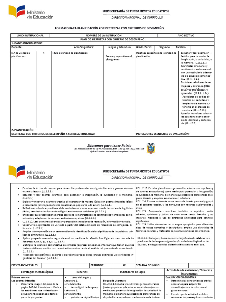Planificación de Destrezas en Lengua 2 | PDF | Escritura | Evaluación