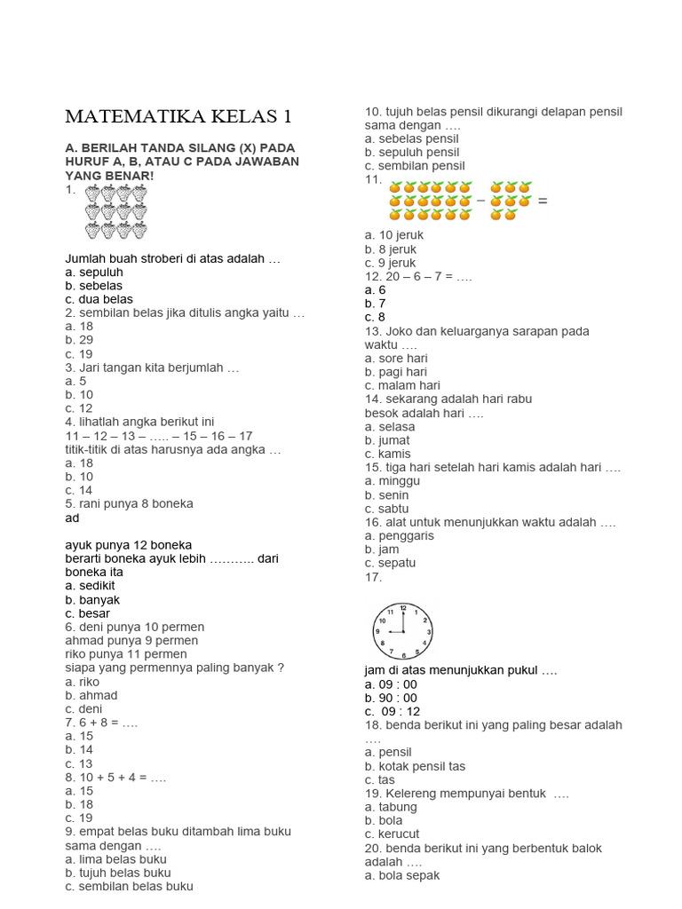 Soal Matematika Kelas 1 | PDF