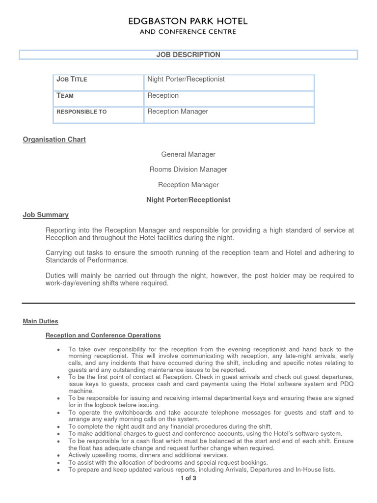 Night Porter/Receptionist Role | PDF | Business
