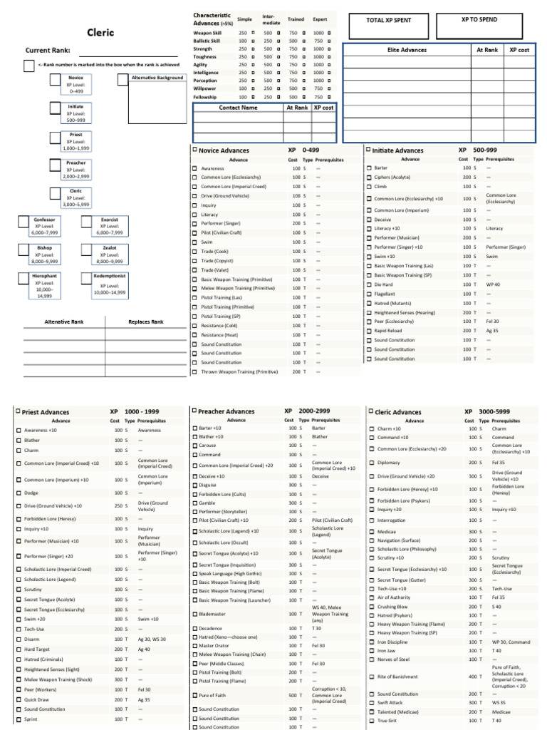 Advanced Dark Heresy - Character Sheet - Career - Cleric Advances Part ...