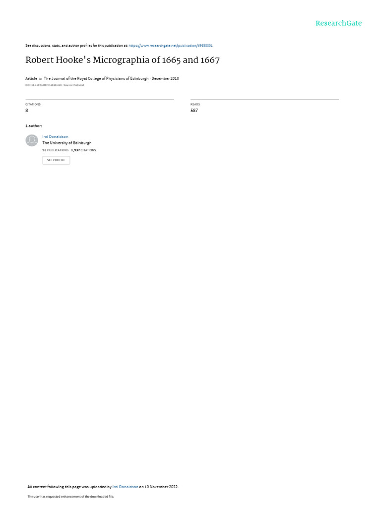 Robert Hookes Micrographia of 1665 and 1667 | PDF | Microscope | Atomic