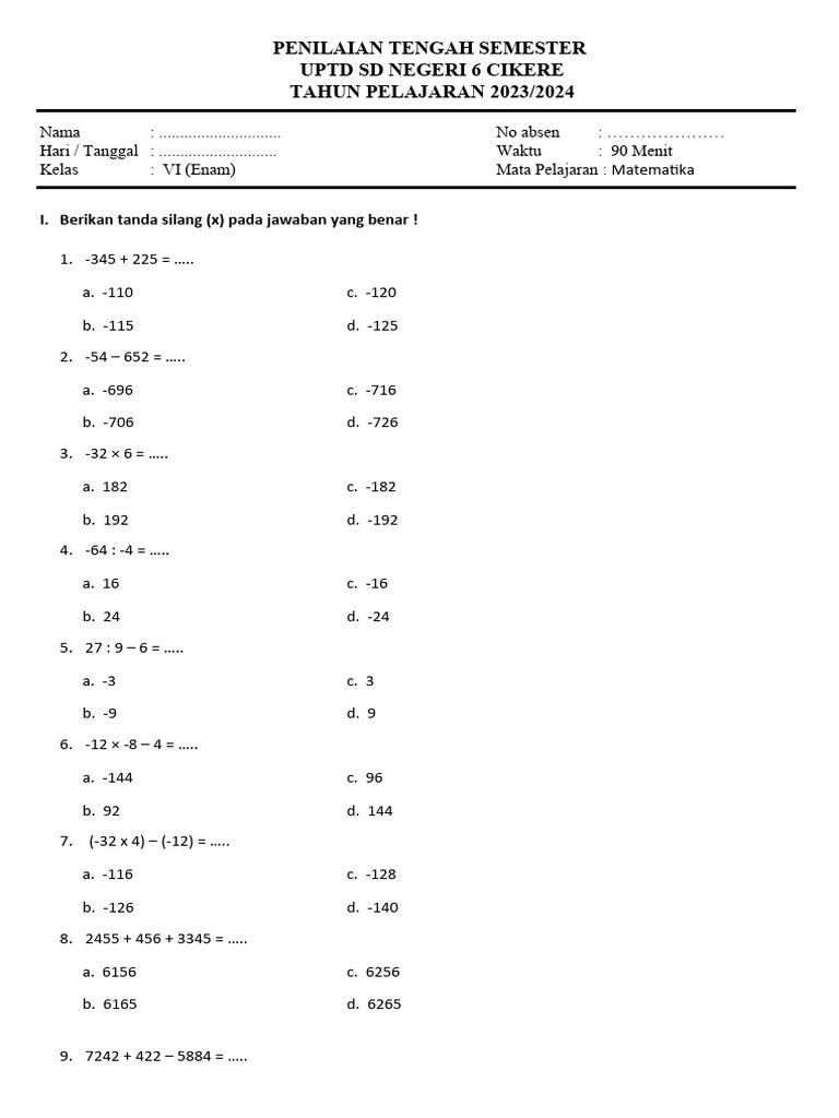 Soal PTS MTK Kelas 6 Ganjil K13 | PDF