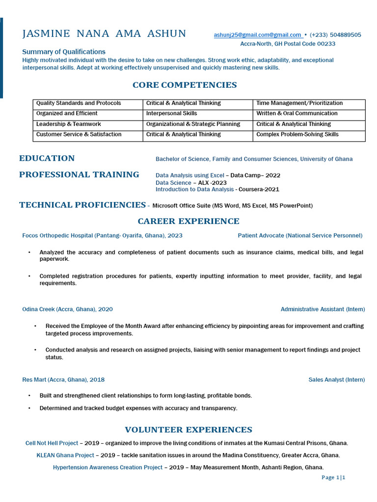 Jasmine Nana Ama Ashun Curriculum Vitae | Download Free PDF | Ghana | Business
