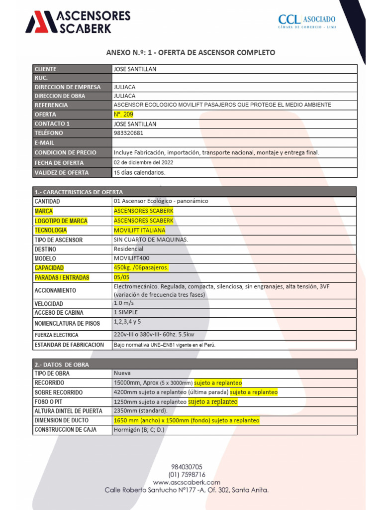 209 - DP - Cotizacion 01 Ascensor - Proyecto Juliaca - 5 Pars y 450KG ...
