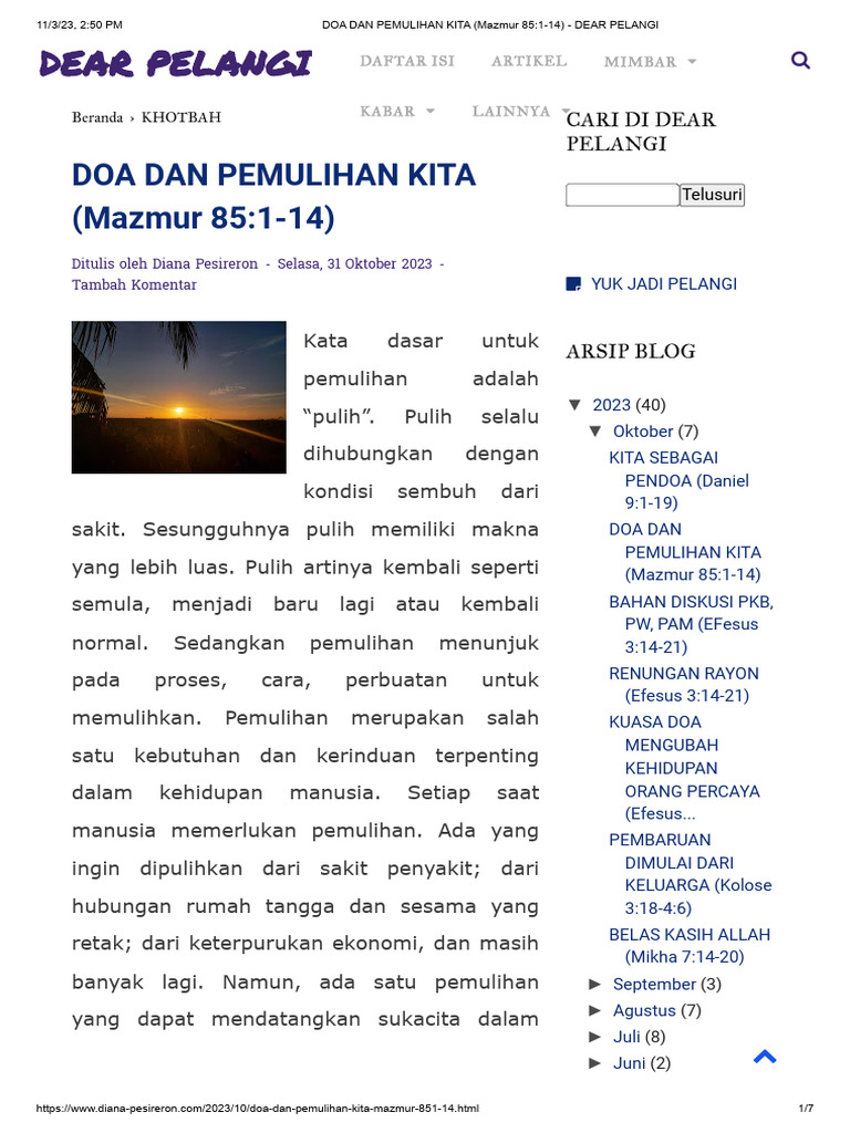 Doa Dan Pemulihan Kita (Mazmur 85-1-14) - Dear Pelangi | PDF