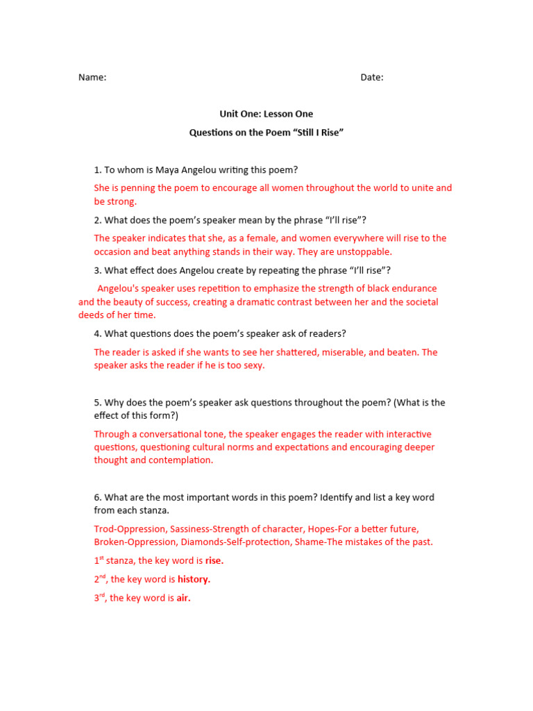 Still I Rise Questions | PDF | Poetry | Psychological Resilience