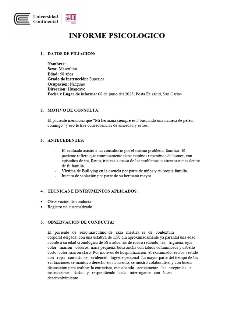 Informe Psicologico 2 | PDF | Las emociones | Psicoterapia