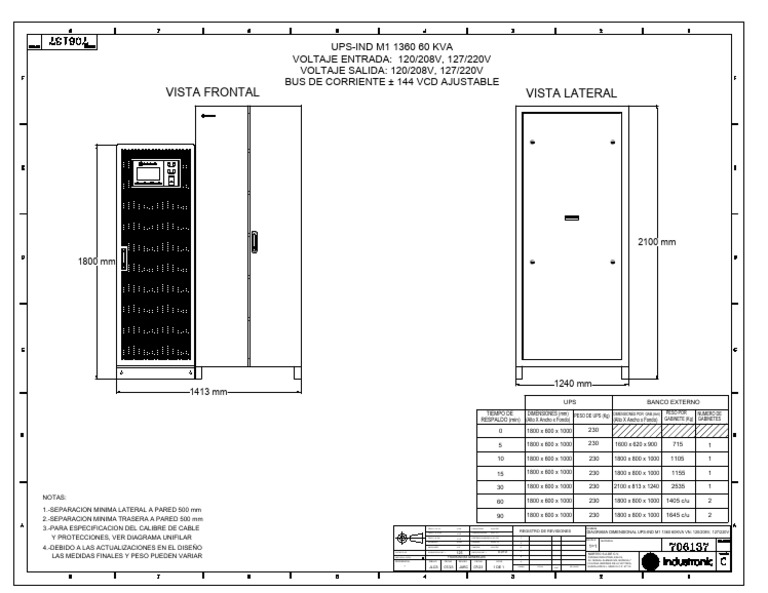 Diagrama Dimensional Ups-Ind M1 1360 60kva VN 120-208V, 127-220V | PDF