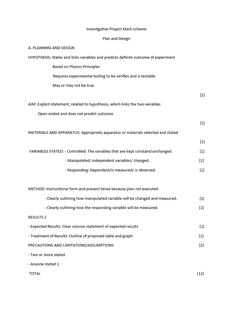 Investigative Project Mark Scheme | PDF | Experiment | Dependent And Independent Variables
