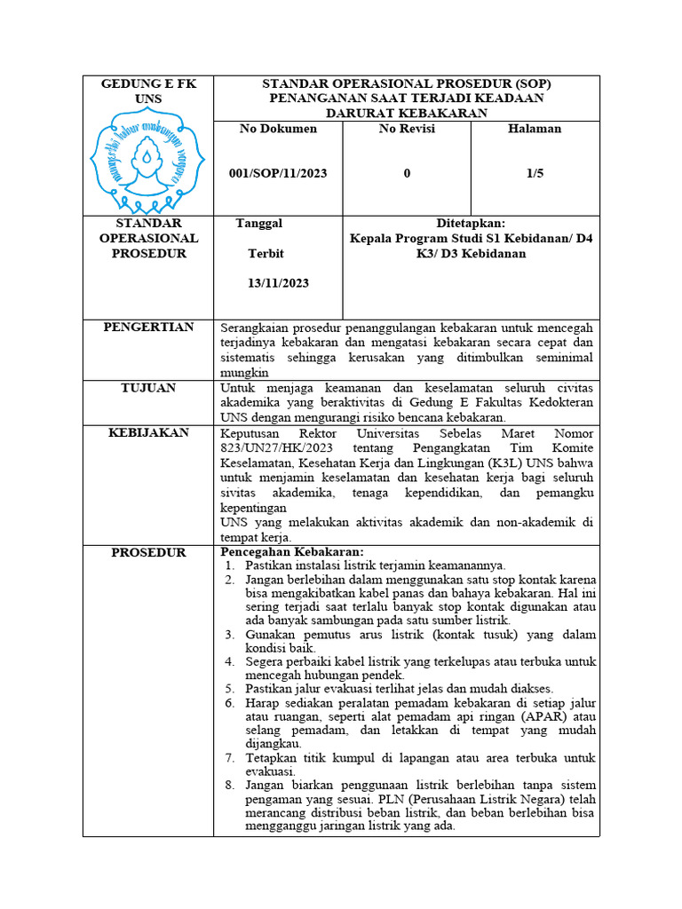 SOP Bencana Kebakaran Gedung E FK UNS | PDF
