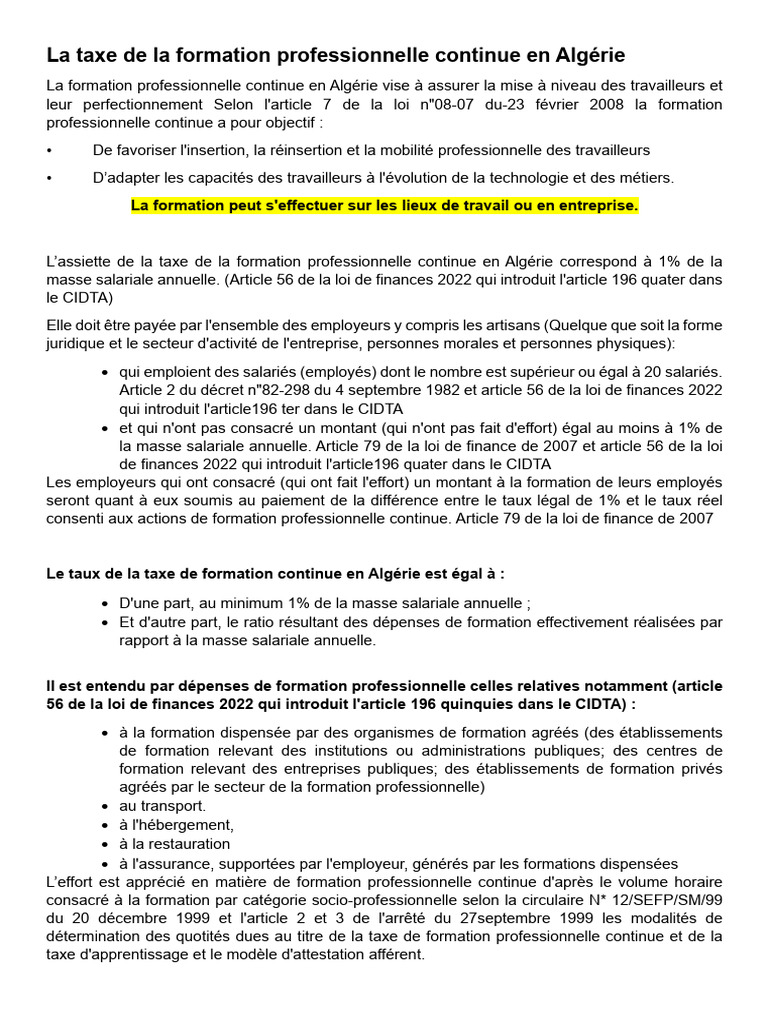 Taxe de Formation Professionnelle en Algérie | PDF | Salaires | Impôts