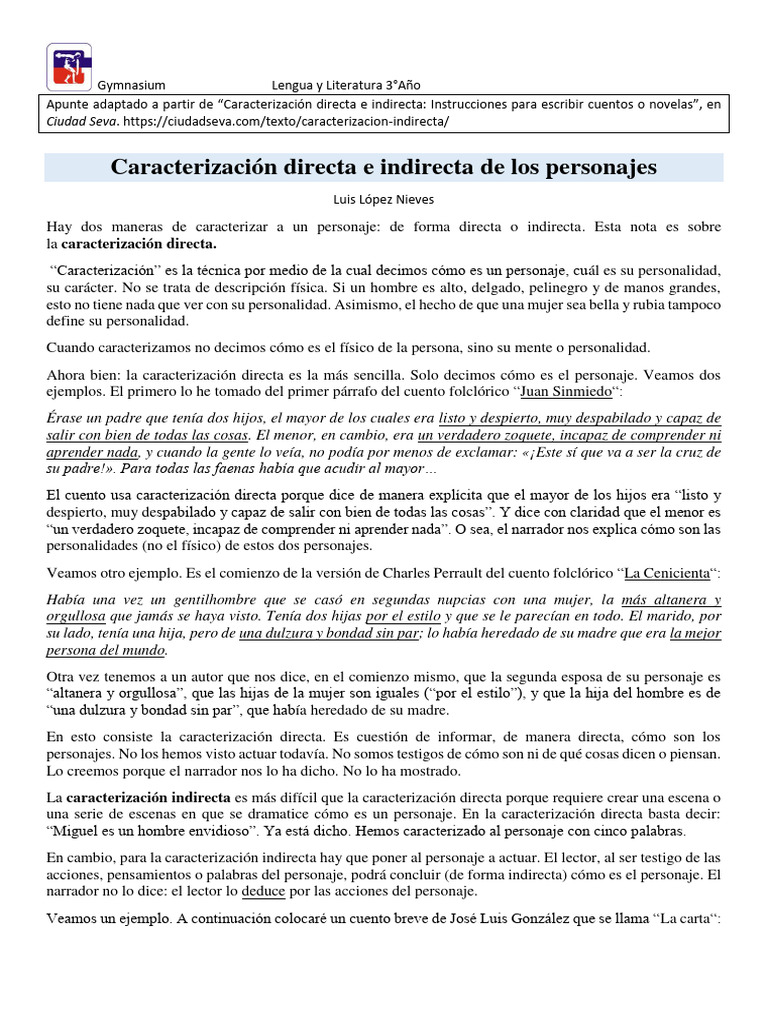 Caracterización directa e indirecta de los personajes | PDF | Cuentos