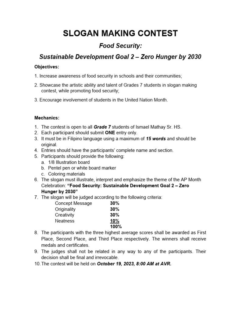 SLOGAN MAKING CONTEST - Grade 7 | PDF