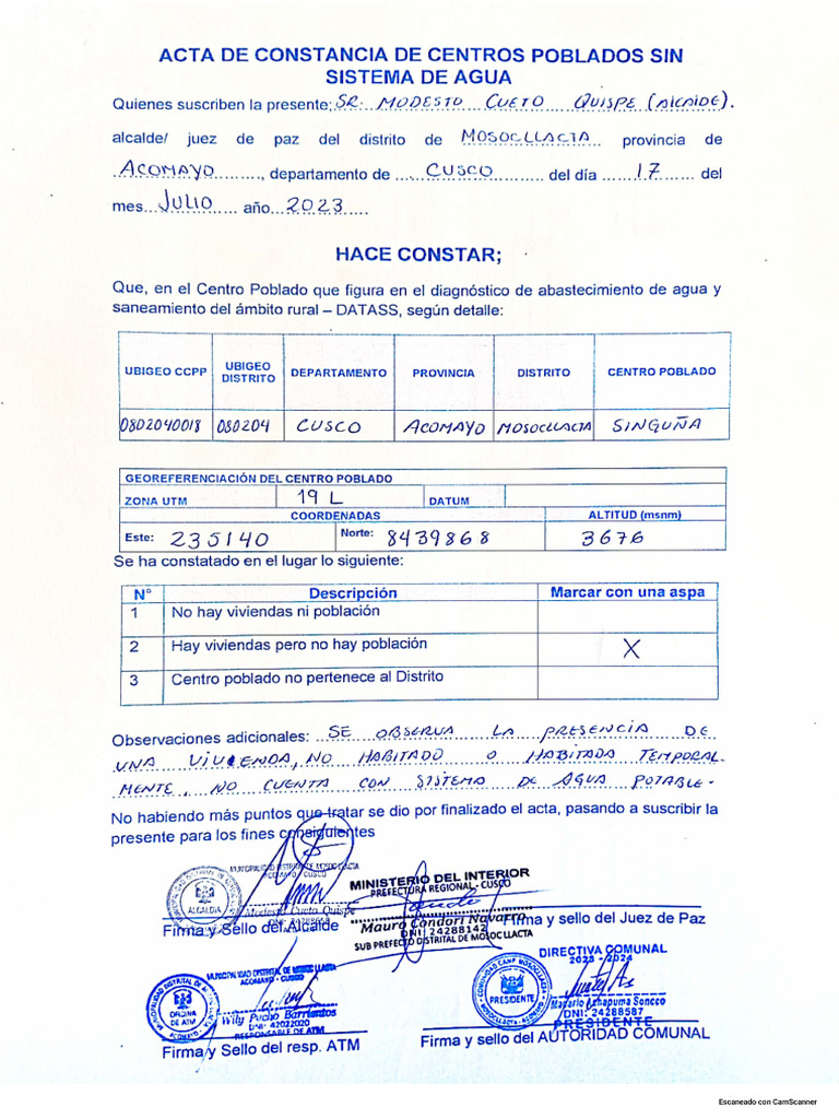 Acta de Constancia de Centros Poblados Sin Sistema de Agua | PDF
