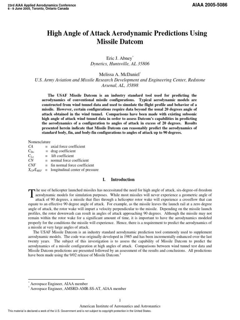 High Angle of Attack Aerodynamic Predictions Using Missile Datcom | Download Free PDF ...