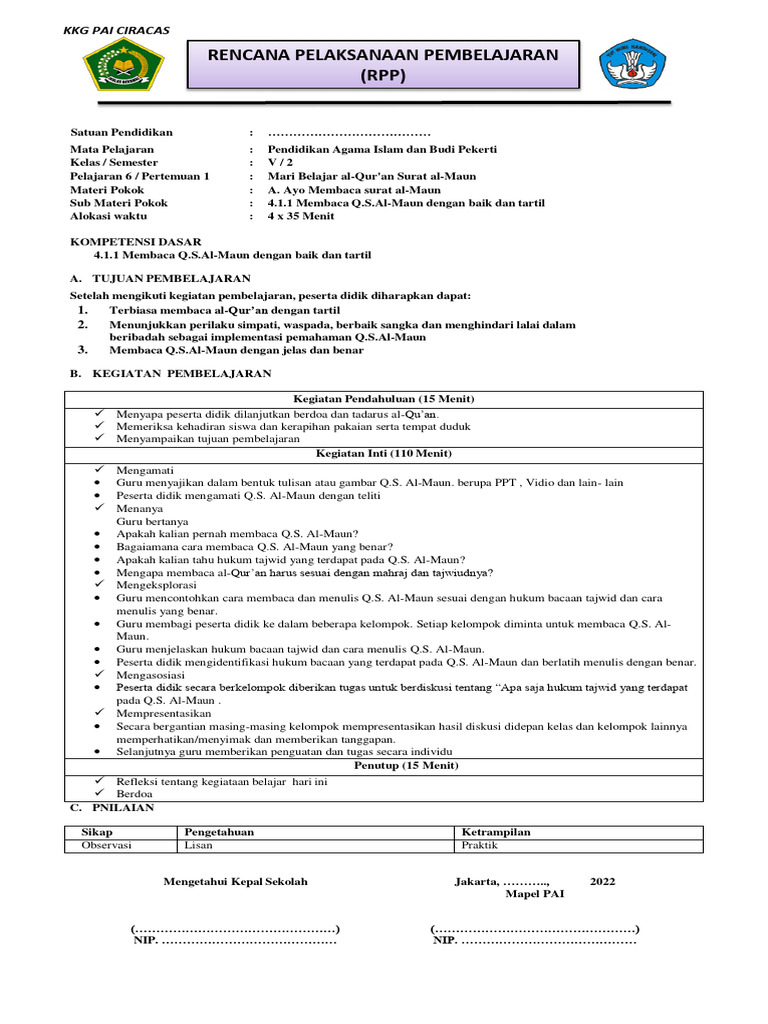 RPP PAI KELAS 5 (5 1) - SMT 2 | PDF