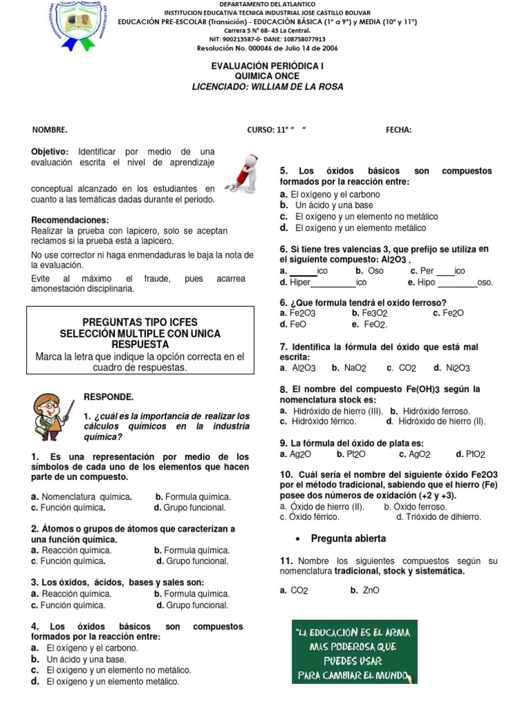 Evaluación de Química 11° | PDF | Óxido | Elementos químicos