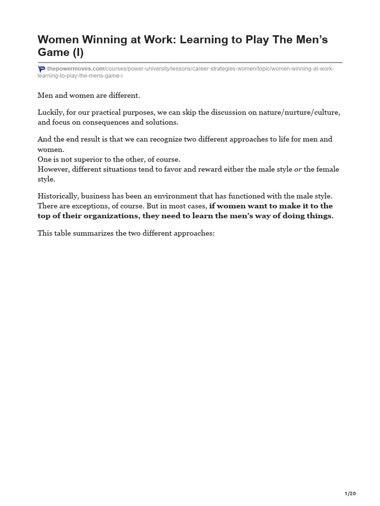 2.women Winning at Work Learning To Play The Mens Game I | PDF ...