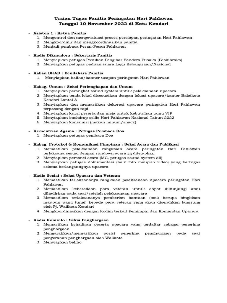 2022 - Uraian Tugas Panitia Peringatan Hari Pahlawan | PDF