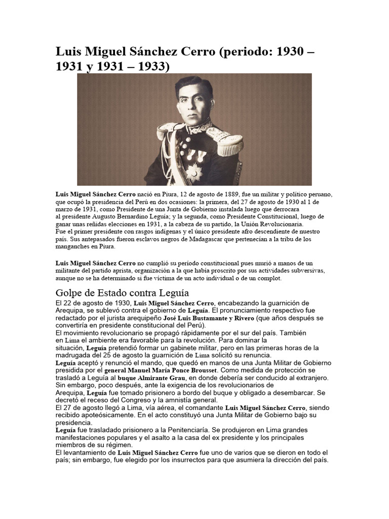 Biografía de Luis Miguel Sánchez Cerro | PDF | Política | Historia