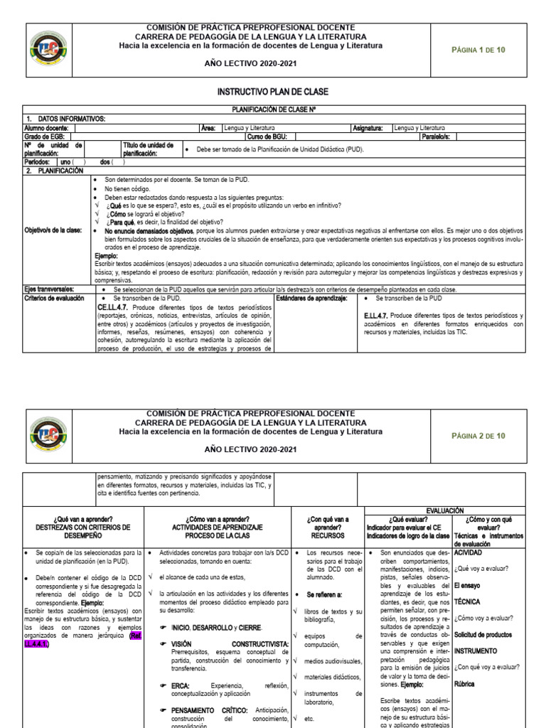 Instructivo Plan de Clase | PDF | Enseñando | Aprendizaje