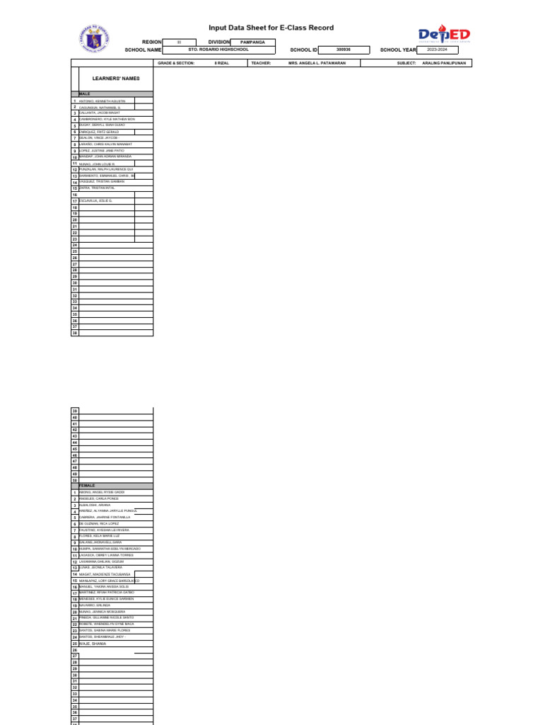Apan 8 Eclass Record Rizal | PDF