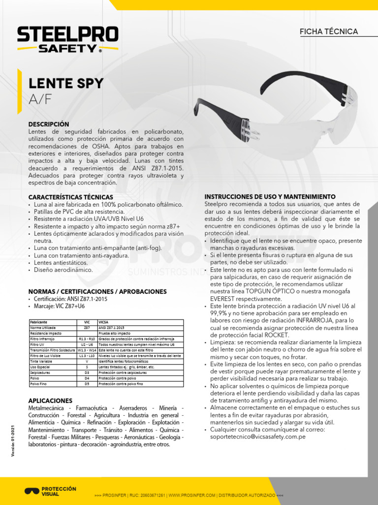 Lente Spy Steelpro Af Ficha Tecnica | PDF | Ultravioleta | Lentes