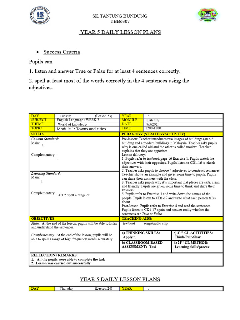 Year 5 Daily Lesson Plans: SK Tanjung Bundung YBB6307 | PDF | Teachers ...