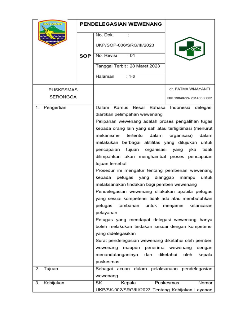 No. 006 EP 3.2.1.2 SOP PELIMPAHAN WEWENANG (BLM Fiks) | PDF