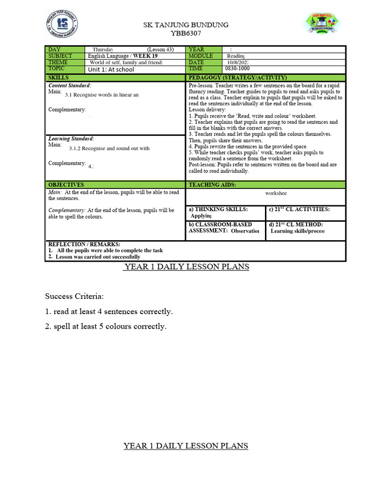Year 1 Daily Lesson Plans: Unit 1: at School | PDF | Lesson Plan | Teachers