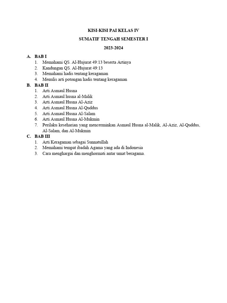 Kisi-Kisi PAI STS Semester I Kelas 4 | PDF | Sejarah | Agama & Spiritualitas