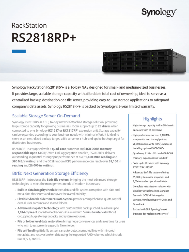 Synology RS2818RP Plus Data Sheet Enu | PDF | Backup | File Transfer ...