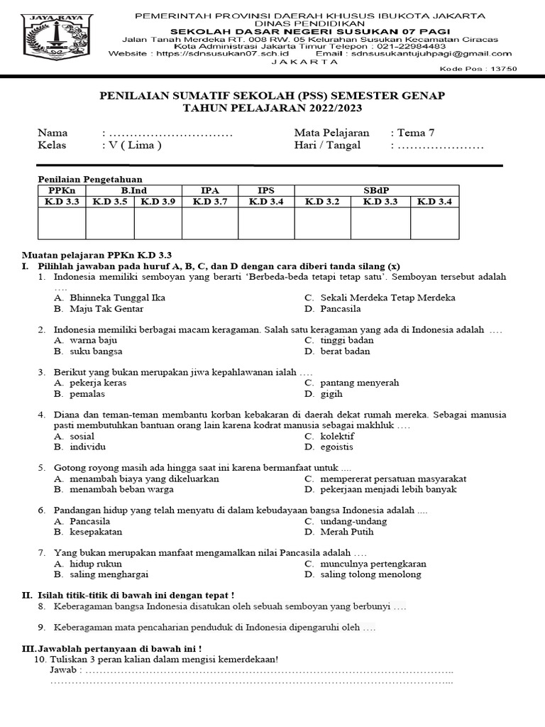 Soal PSS Tema 7 Kelas 5 Semester 2 - 2022-2023 - KURTILAS | PDF