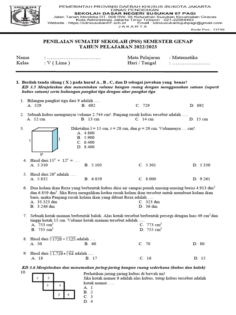 Soal PSS MTK Kelas 5 Semester 2_2022-2023_KURTILAS | PDF