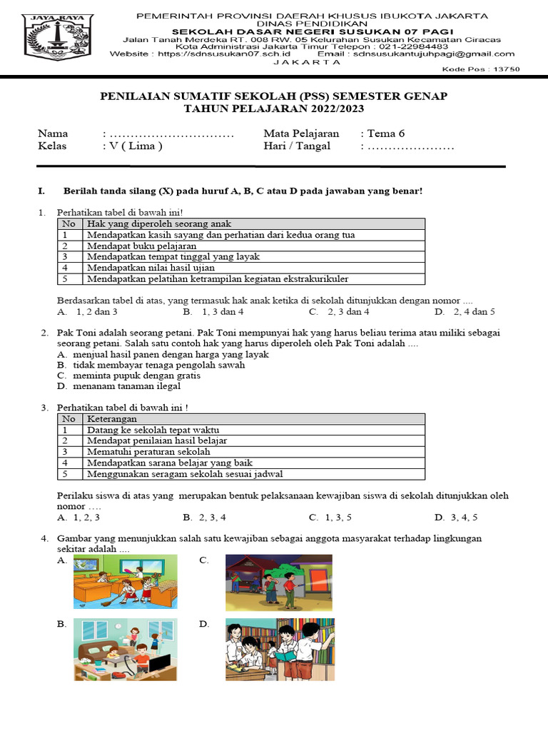 Soal PSS Tema 6 Kelas 5 Semester 2 - 2022-2023 - KURTILAS | PDF