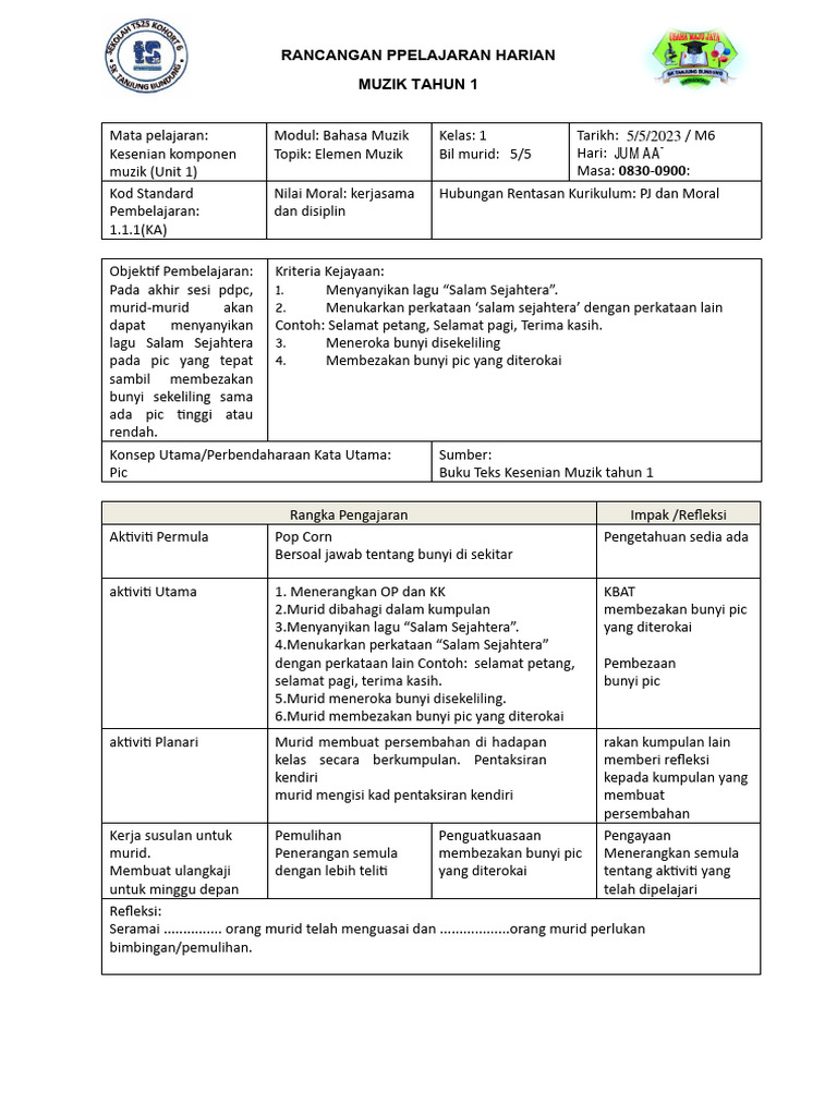 RPH P. MZ 2023 Tahun 1 Betul | PDF