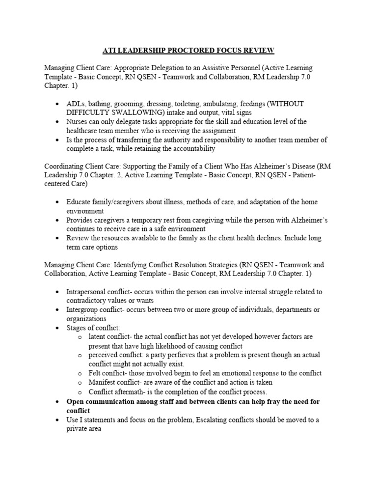ATI Leadership Proctored Focus Review | PDF | Nursing | Caregiver