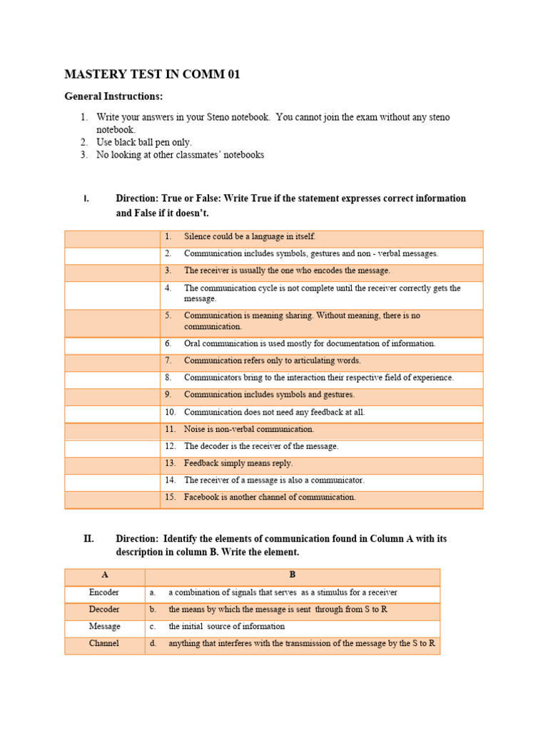 Communication Mastery Test | PDF | Communication | Nonverbal Communication
