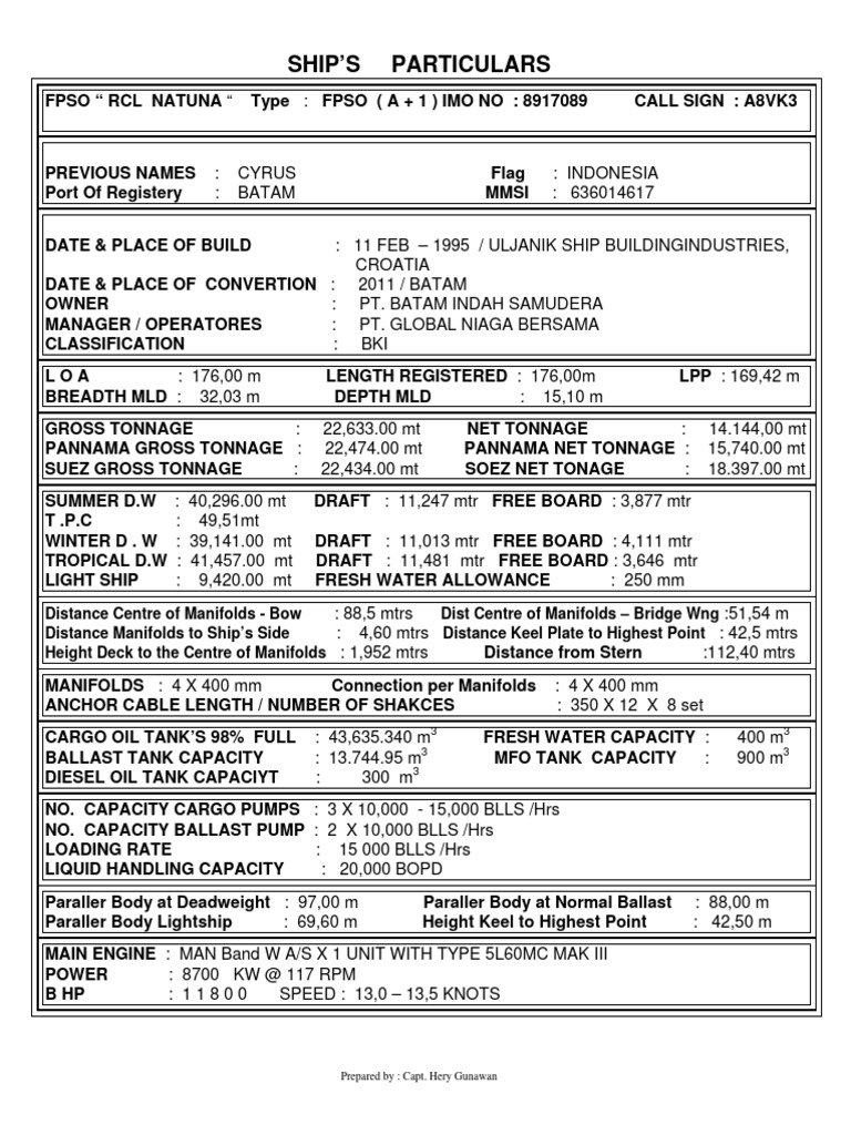 SHIPS PARTICULAR RCL Natuna | Download Free PDF | Tonnage | Ships
