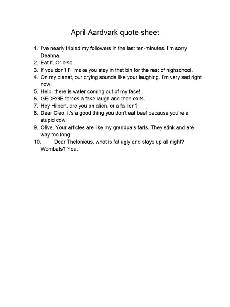 April Aardvark Quote Sheet | PDF