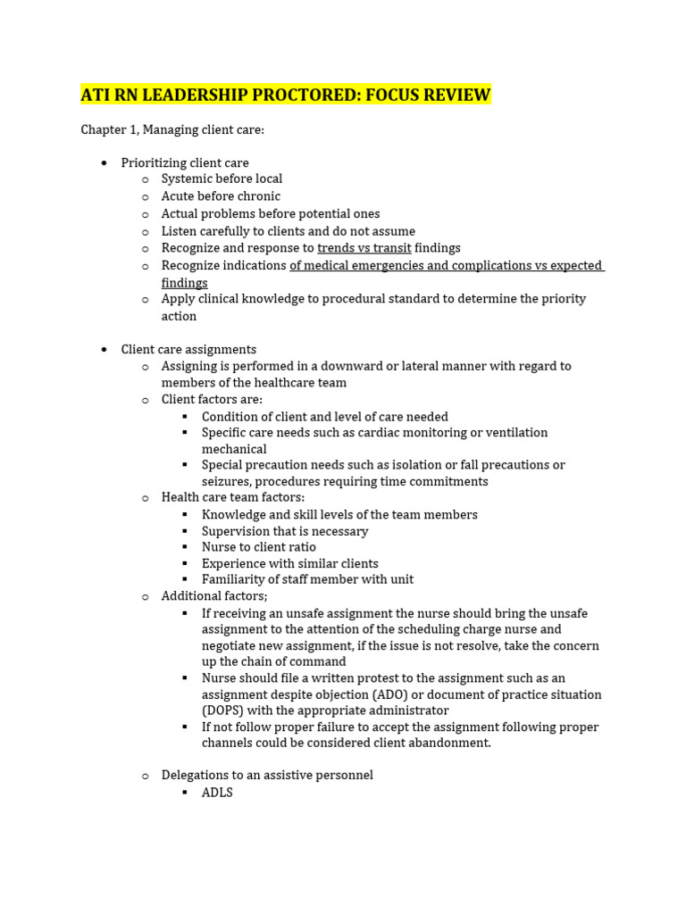 Ati - RN Leadership Proctored Focus Review | PDF | Nursing | Pneumonia