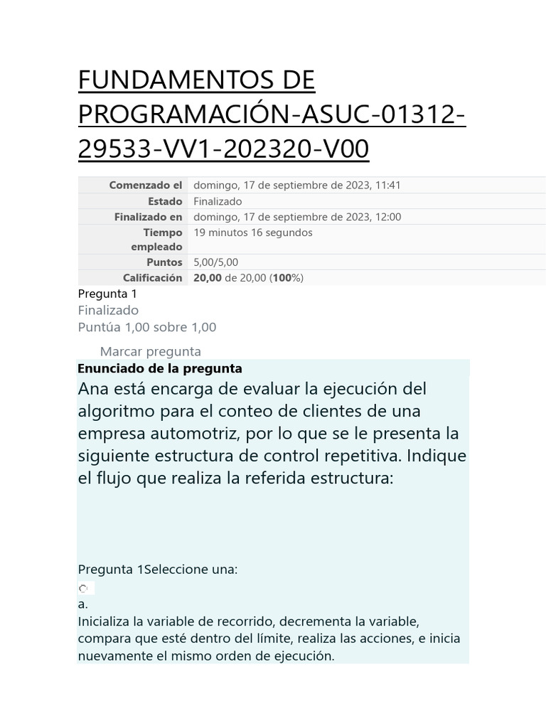 Fundamentos de Programación Autoevaluacion 2 | PDF | Programación de computadoras | Ingeniería ...