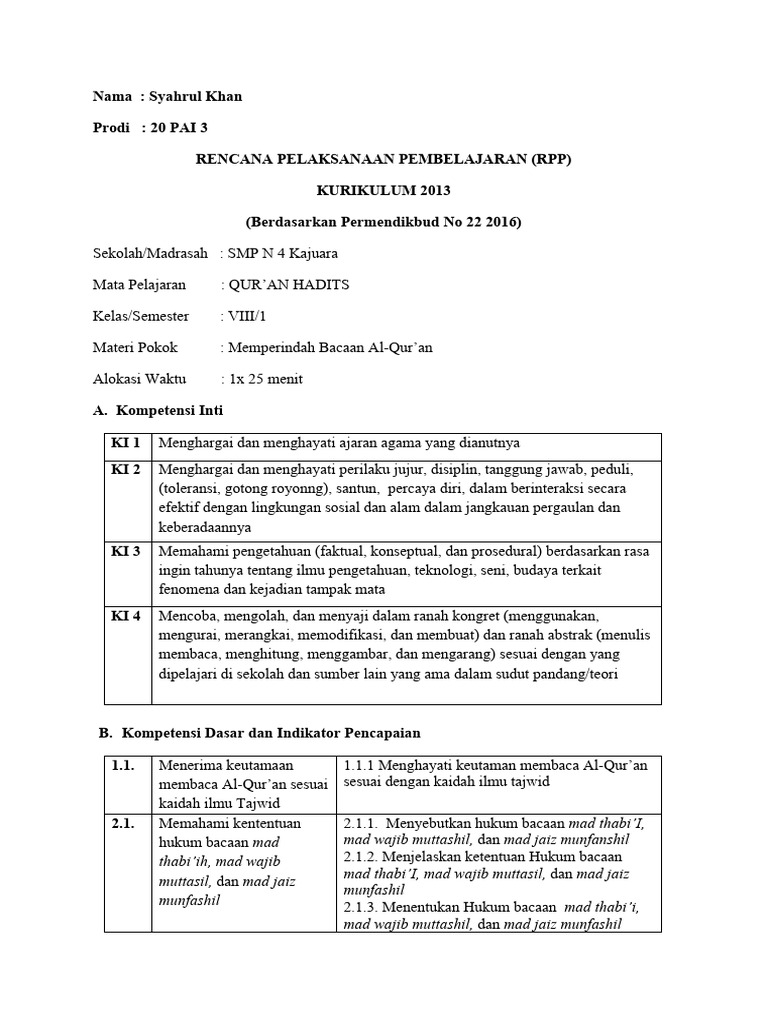 RPP Tajwid Kelas VIII SMP | PDF | Karier & Perkembangan