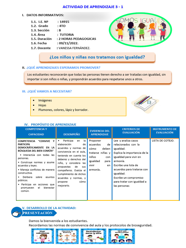 Actividad de Tutoría: Igualdad de Género | PDF | Evaluación | Igualdad ...