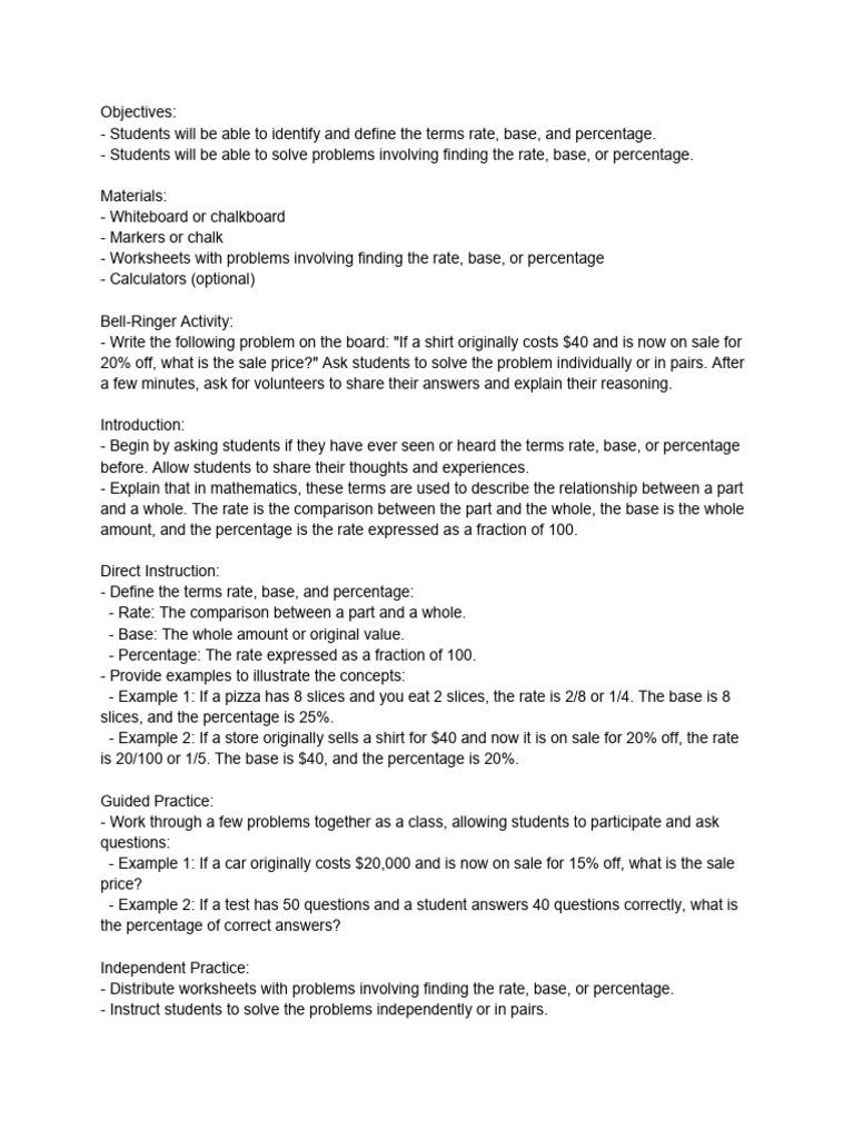 Lesson Plan - Rate, Base & Percentage | PDF | Percentage | Prices